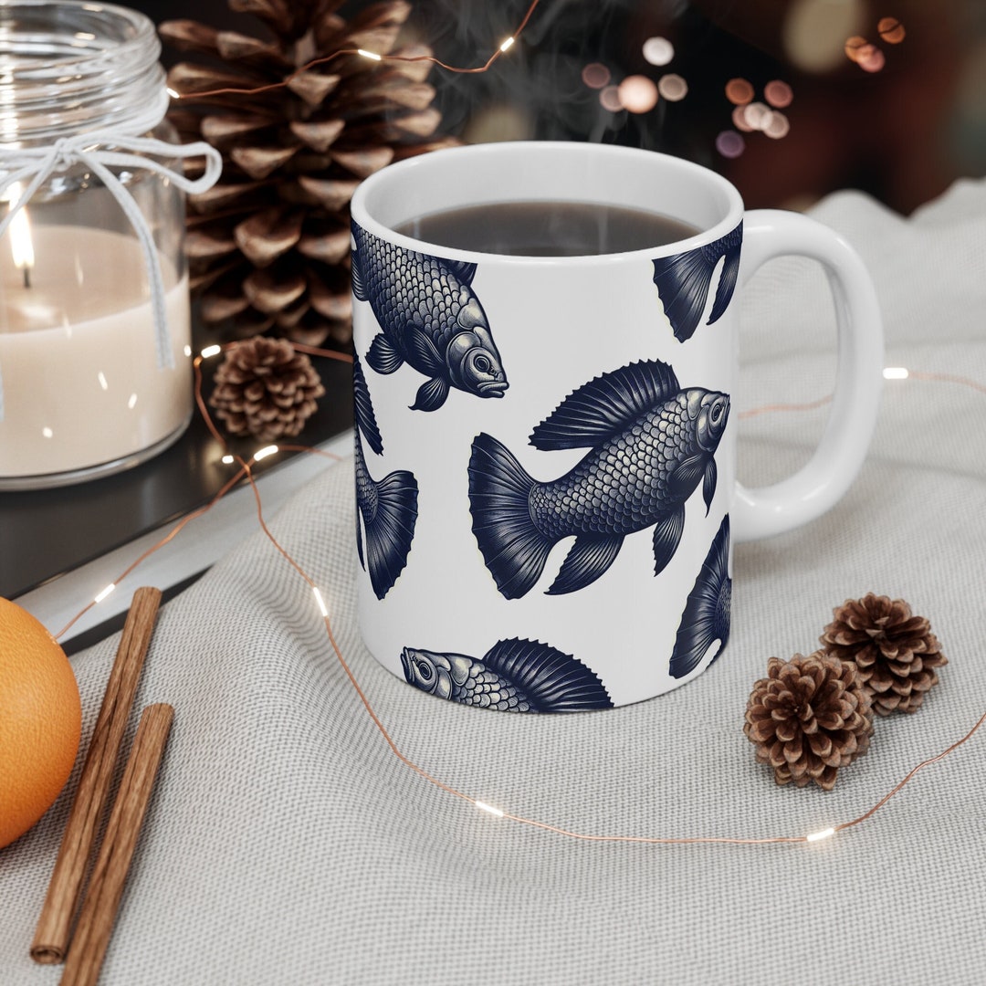 Nautical Fish Mug, Coastal Decor Coffee Cup, Navy Blue Sea Theme Tea ...
