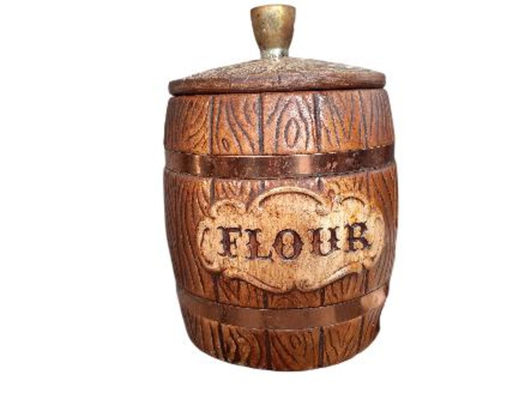 1950s Treasure Craft, USA Ceramic Barrel Flour Canister With Copper ...