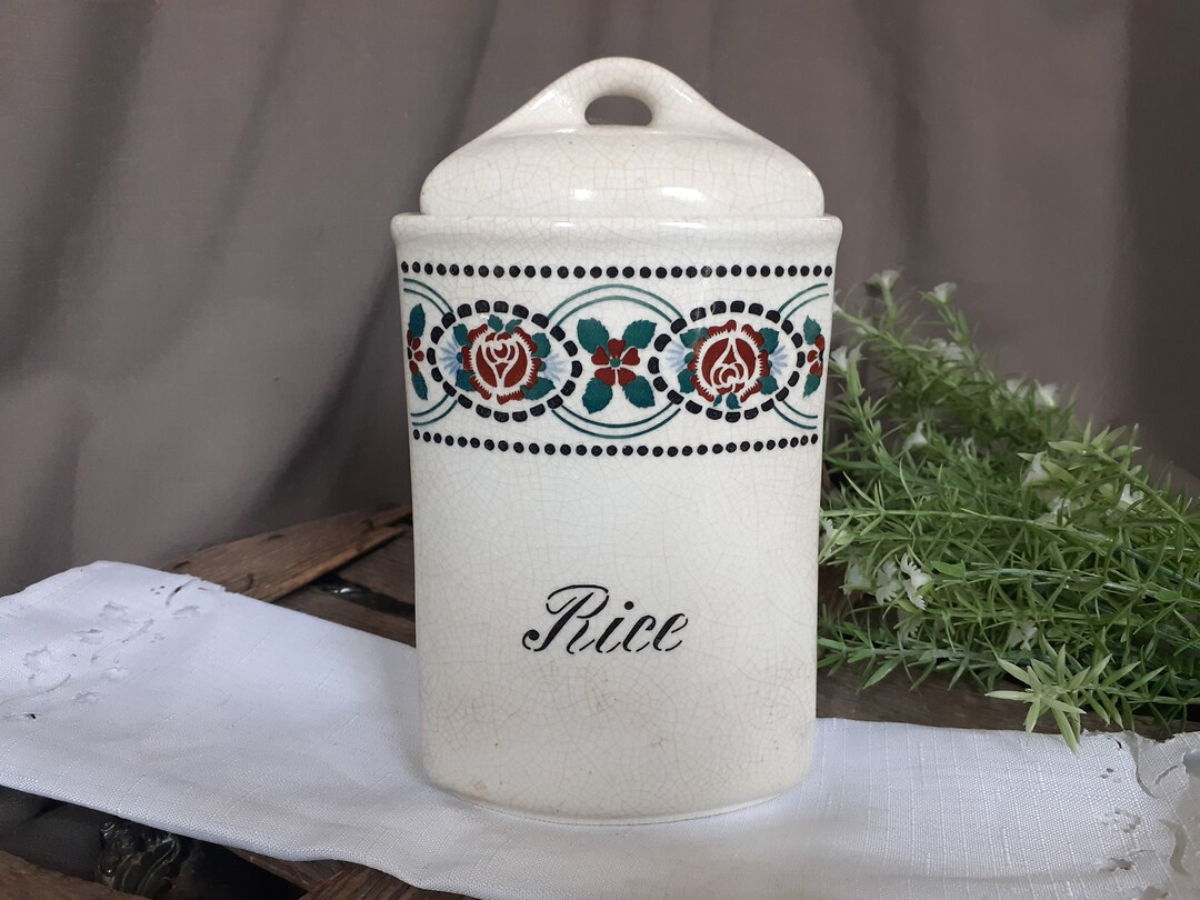 Vintage Ceramic Rice Canister & Lid W/ Stencil Design Countertop ...