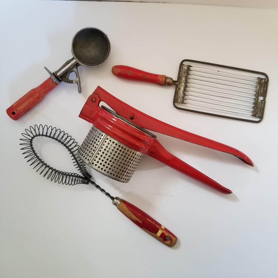 Vintage Kitchen Utensils Red Handles Set of 4 Mid Century Cooking ...