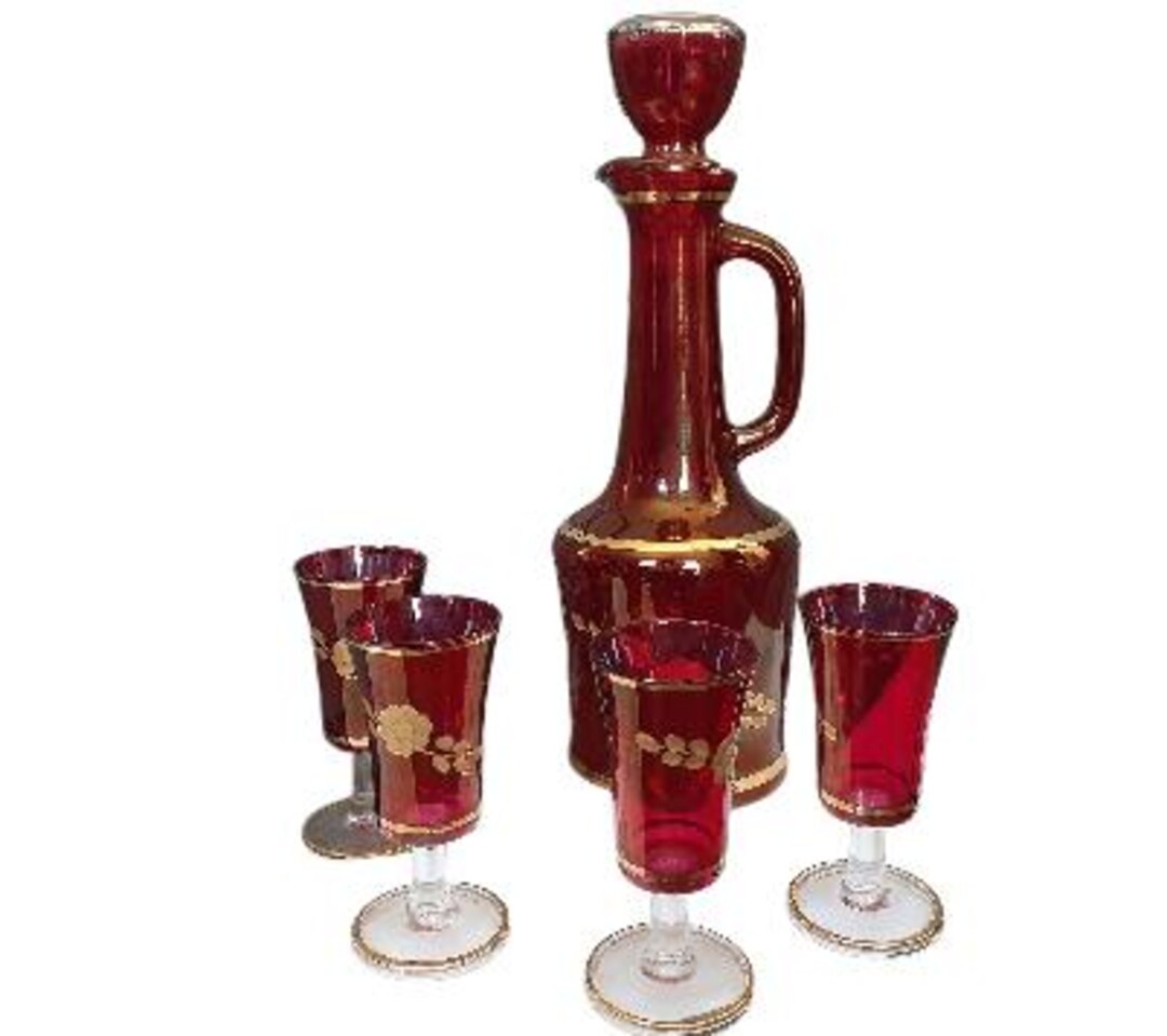 Vintage Cranberry Glass Decanter Set: Bohemian Gold Etched Barware ...
