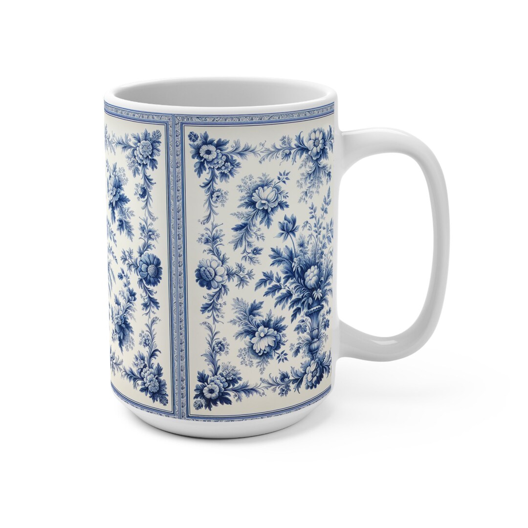 Big Mug - French Toile Blue Floral Vase 15oz Pretty Mug, Flowers ...