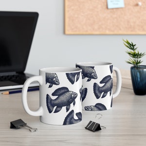 Nautical Fish Mug, Coastal Decor Coffee Cup, Navy Blue Sea Theme Tea ...