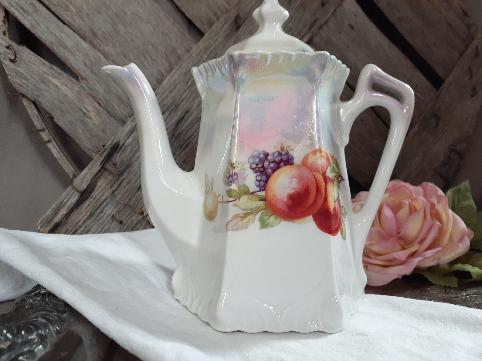 Vintage German Lusterware Teapot with Fruits Iridescent | Etsy