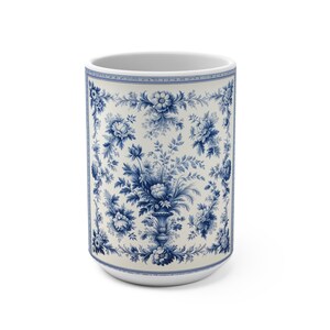 Big Mug - French Toile Blue Floral Vase 15oz Pretty Mug, Flowers ...