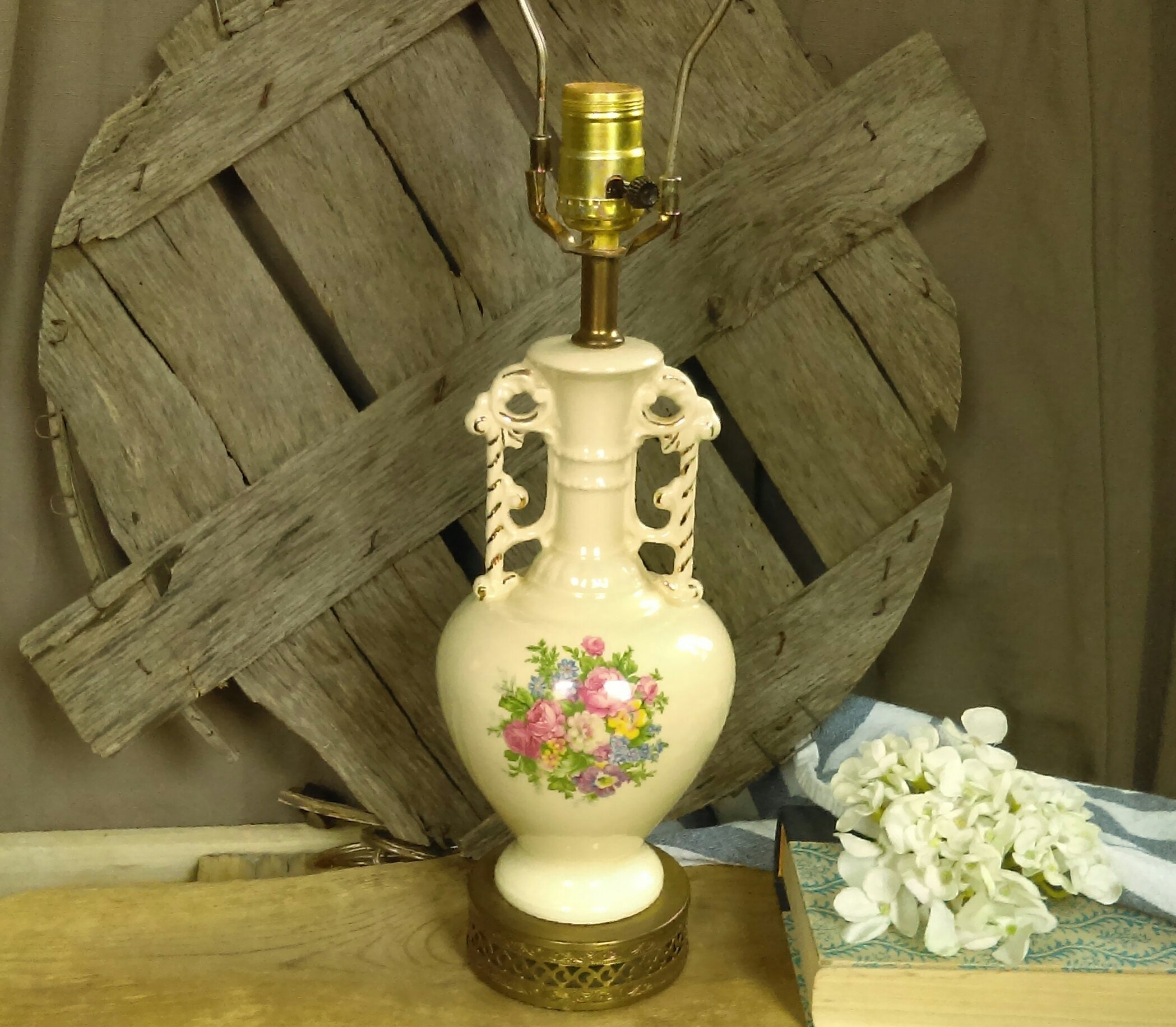 Mid Century Lamp Ivory Ceramic Urn Style W/ Floral and Gold | Etsy