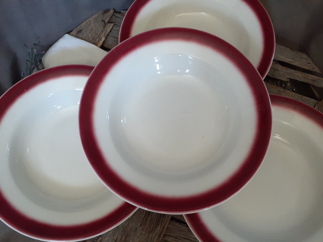 Set of 4 Buffalo China Restaurant Ware Rim Soup / Pasta Bowls Maroon ...