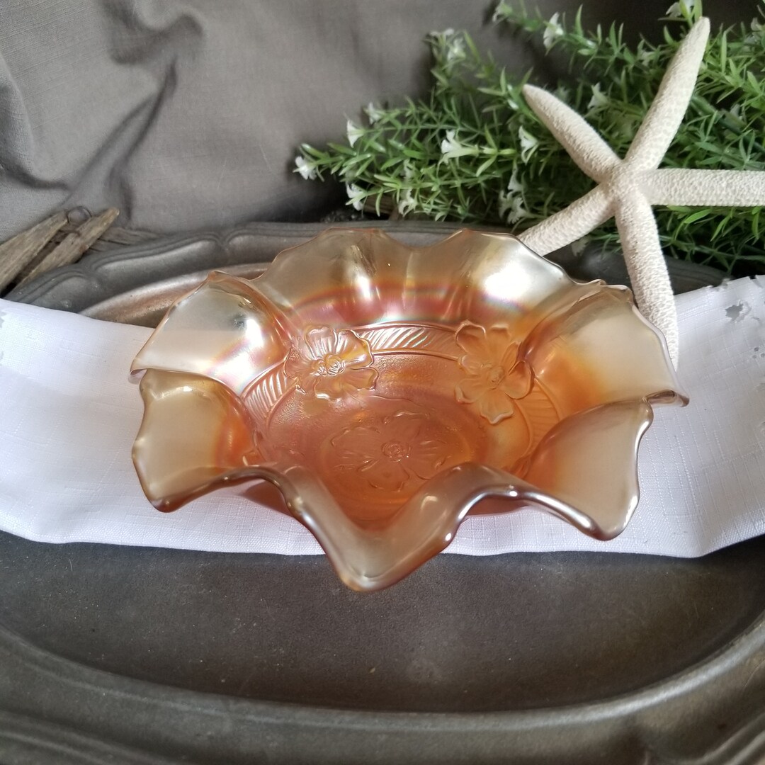 Carnival Glass Bowl by Dugan Glass Co. in Apple Blossom C.1930s Antique ...