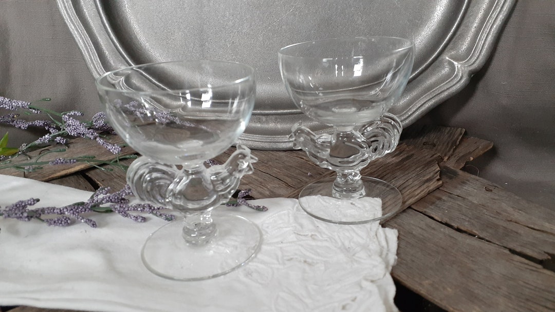 Vintage Morgantown Glass Rooster Coupe Glasses - Chanticleer Barware ...