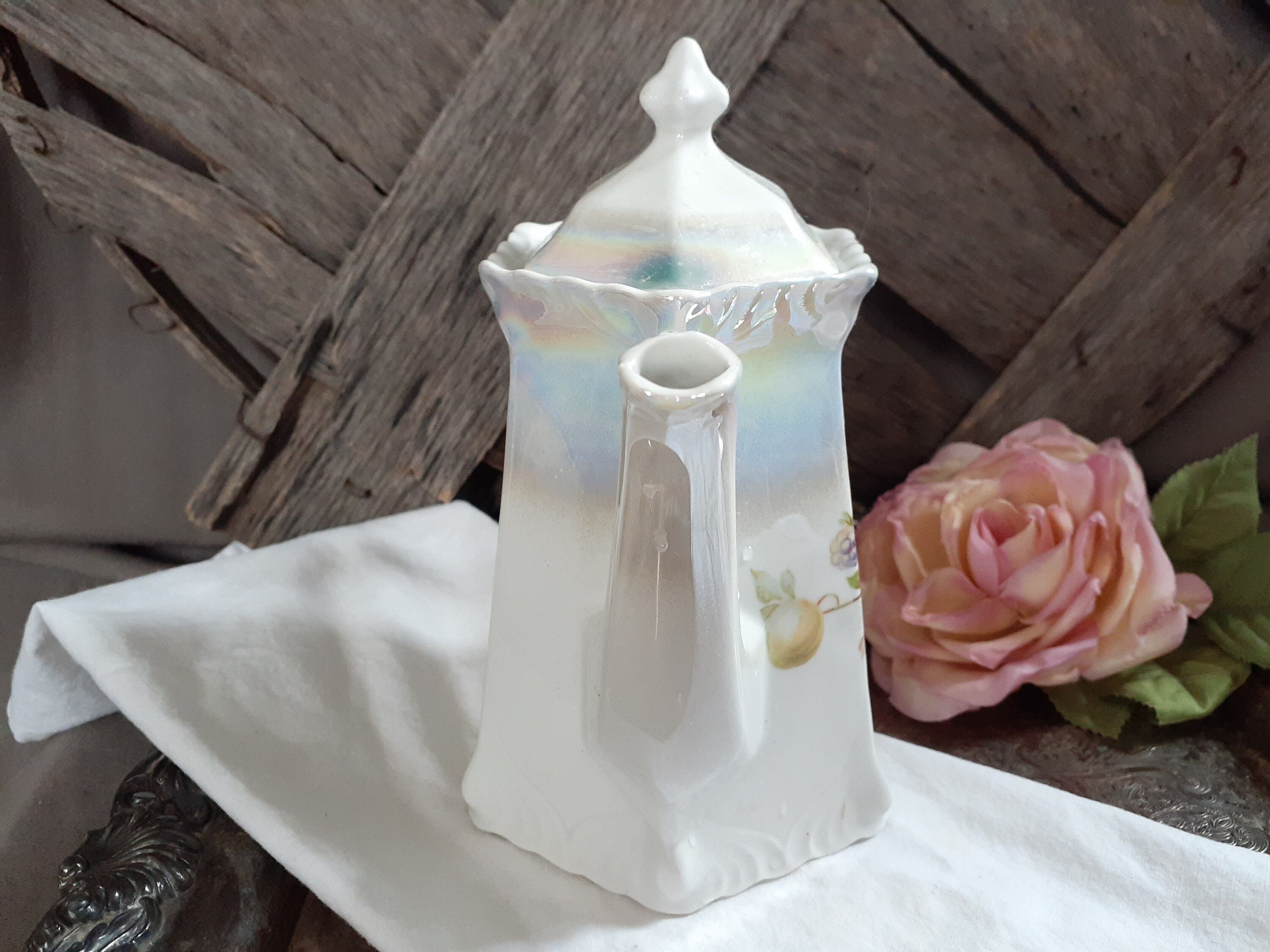 Vintage German Lusterware Teapot with Fruits Iridescent | Etsy