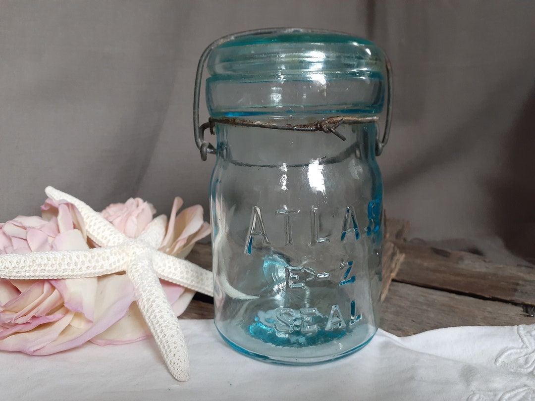 Hazel Atlas Aqua Blue E-Z Seal Pint Jar W/ Glass Lid & Wire Bail ...