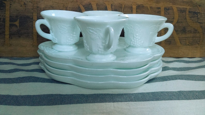 8 Piece Vintage Milk Glass Cups and Plates Snack Sets in | Etsy