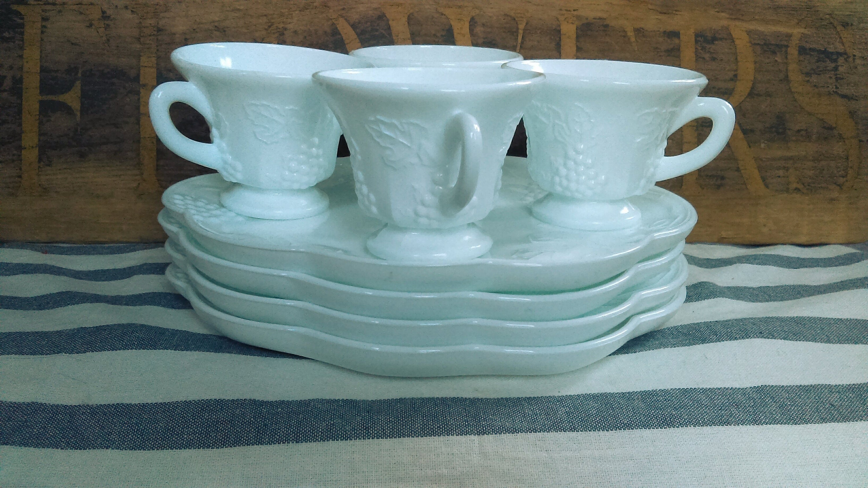 8 Piece Vintage Milk Glass Cups and Plates Snack Sets in | Etsy