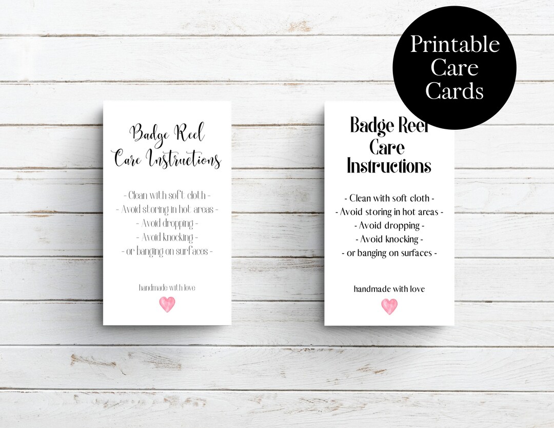 Printable Badge Reel Care Instructions Cards: Small Business Supplies ...