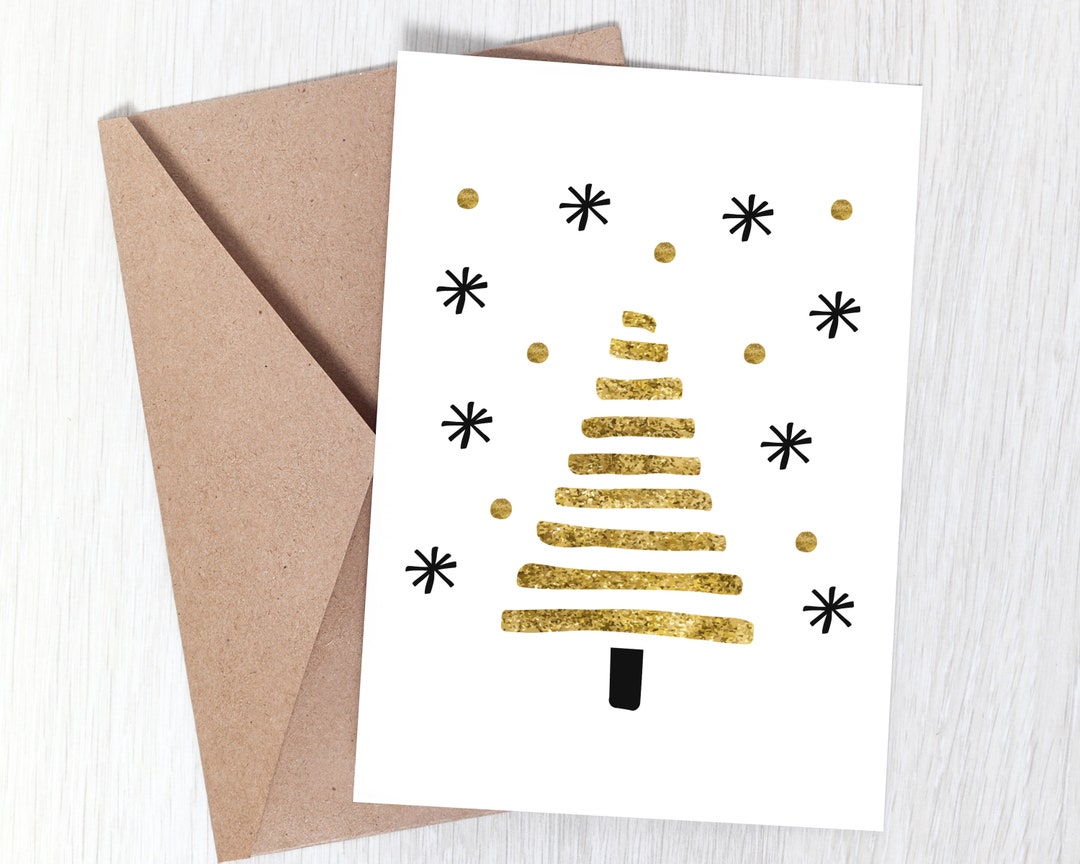 Gold Christmas Tree Card, Gold Christmas Card, Holiday Cards, Xmas ...