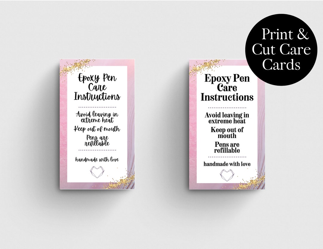 Printable Epoxy Pen Care Cards, Gem Inspired Pink and Gold Care Cards ...