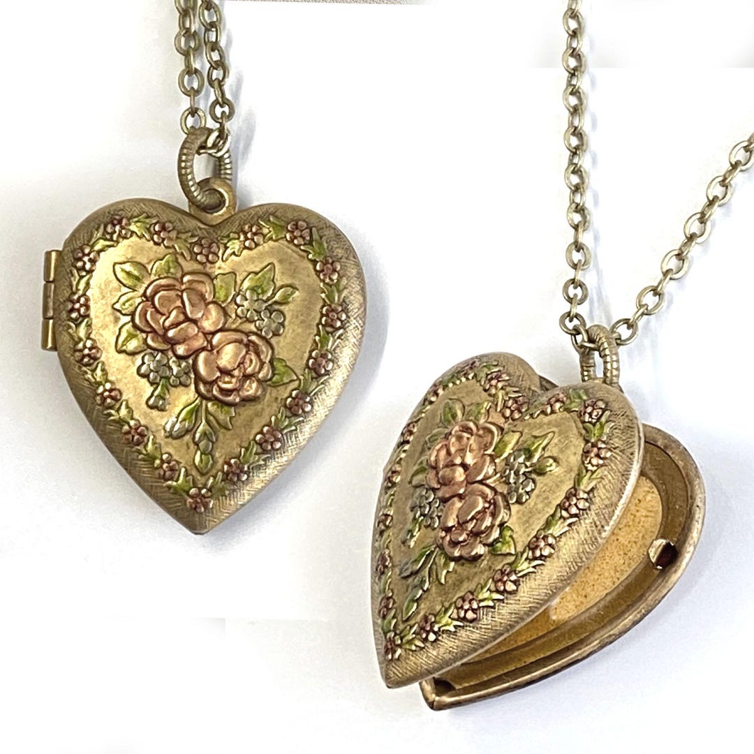 Vintage Victorian Heart Locket Necklace, Rose Theme Sweetheart Gift ...