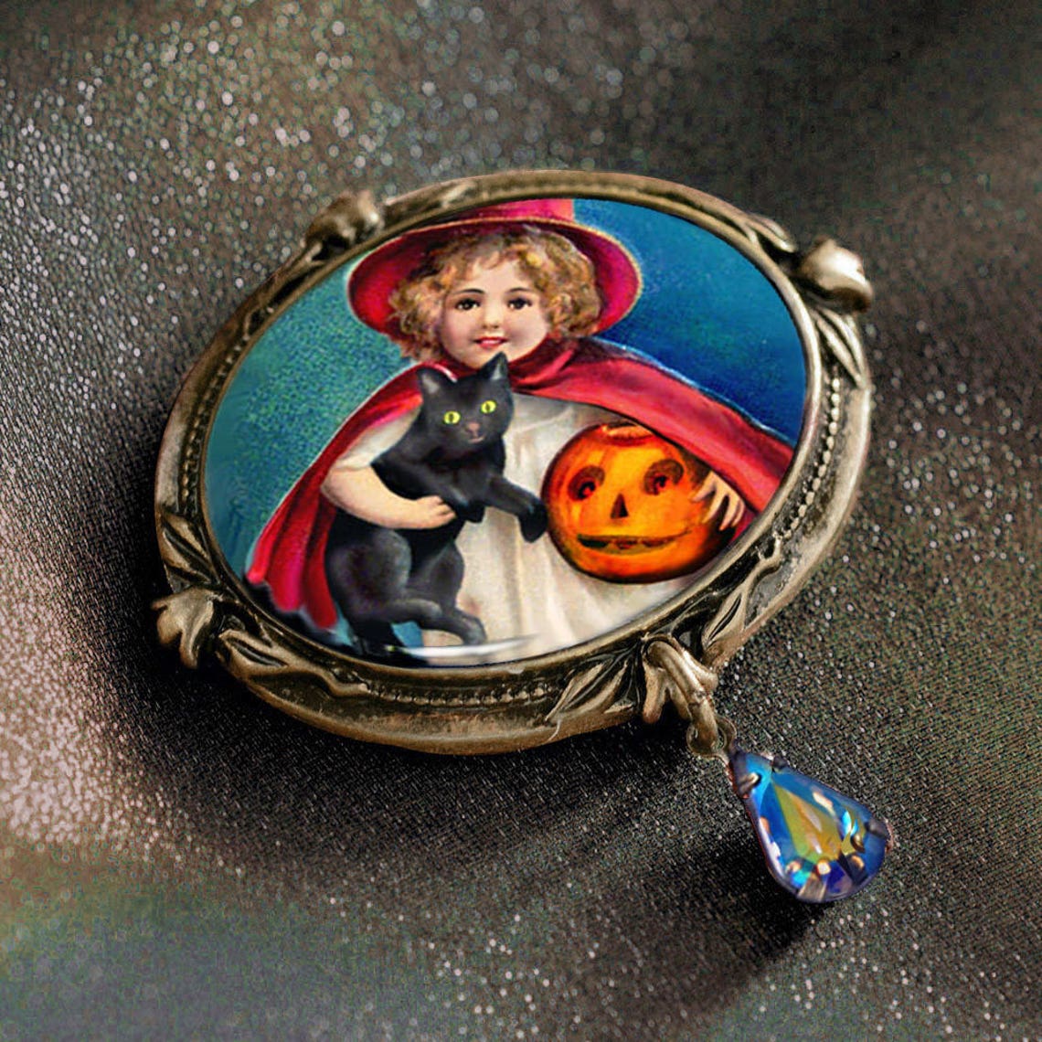 Vintage Halloween Witch Pin: Enamel Crystal Teardrop Brooch - Etsy