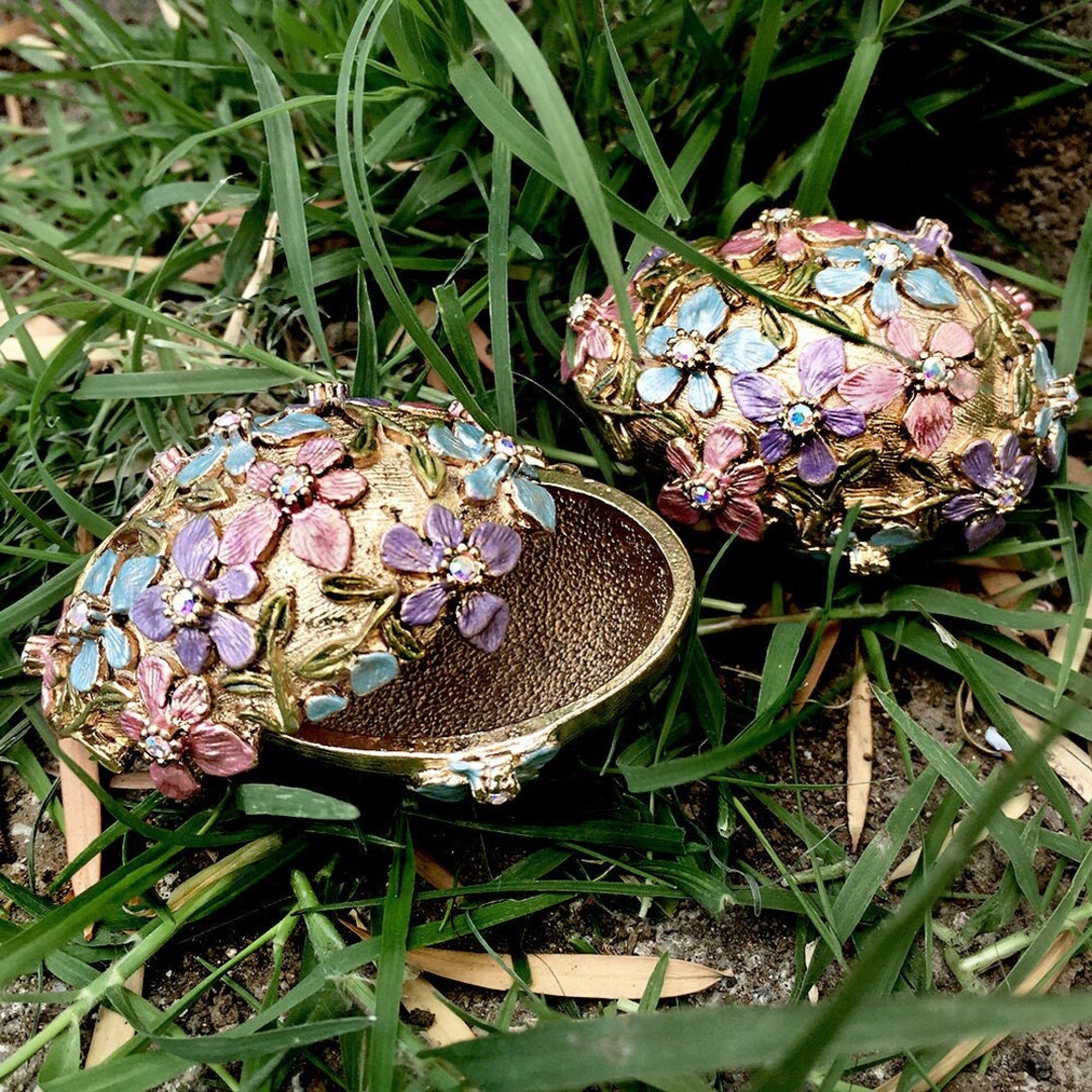 Handmade Enamel Easter Egg Miniature Box: Gold Flower Ornament - Etsy