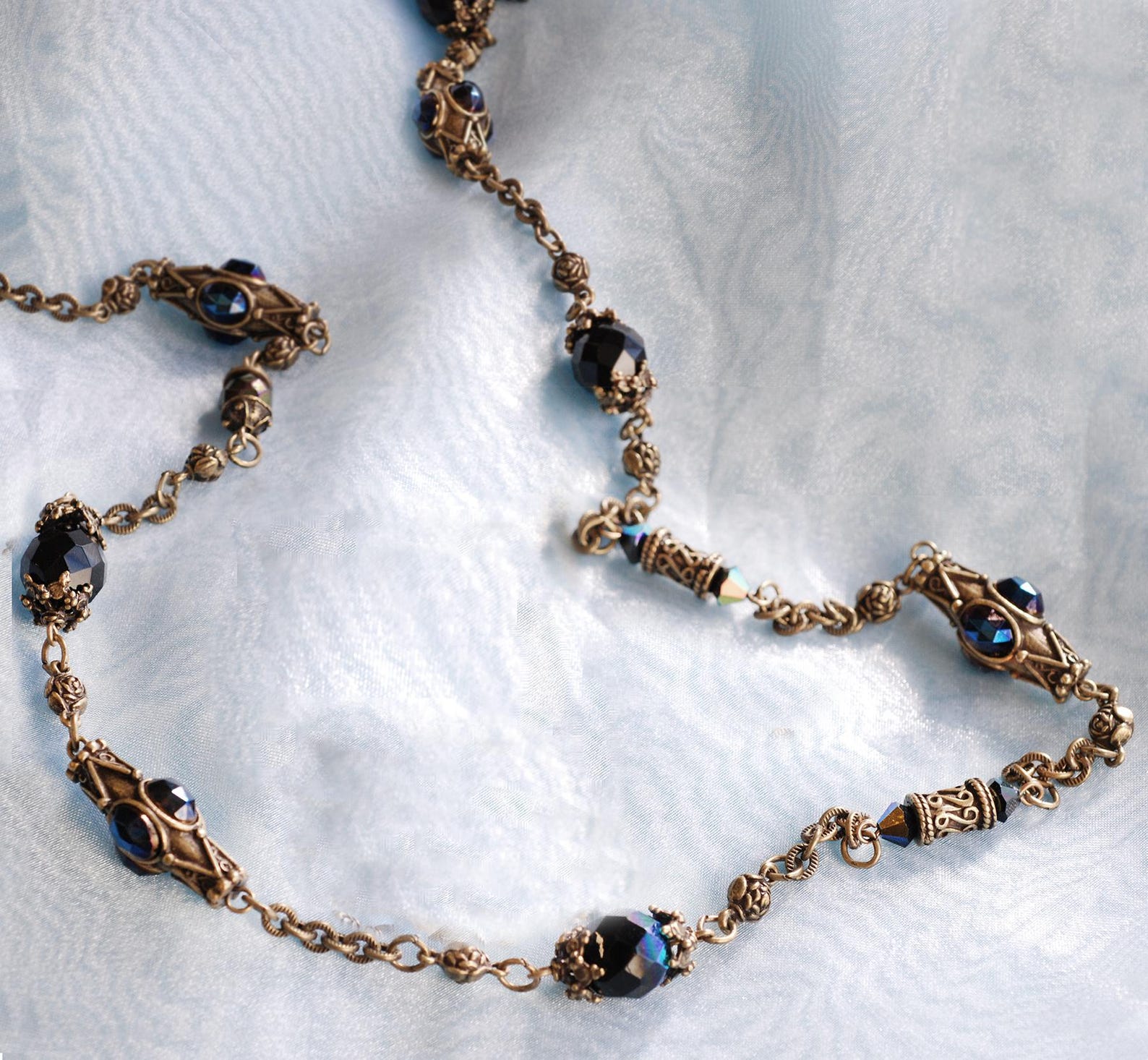 Long Renaissance Necklace Iridescent Peacock Chain Blue Purple ...