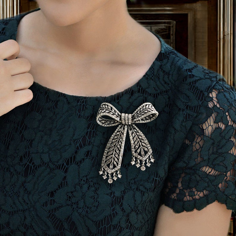 Art Deco Crystal Bow Brooch: Silver Ribbon Pin, Sweet Romance, P219 - Etsy