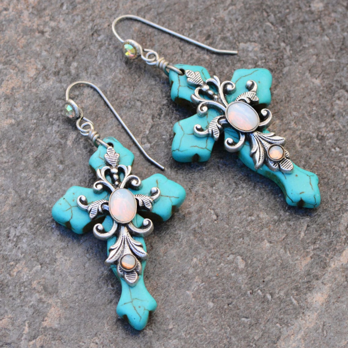 Cross Earrings Turquoise Cross Earrings Rosary Cross | Etsy