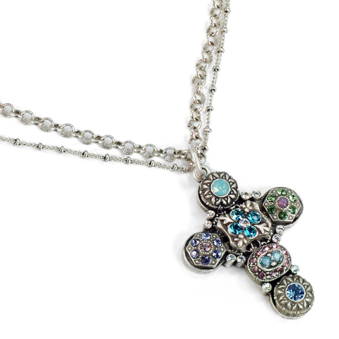 Pastel Crystal Cross Necklace: Silver Religious Pendant, 22" Chain - Etsy