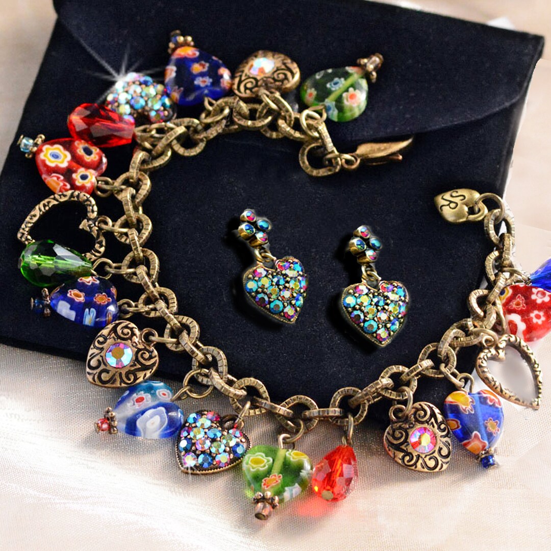 Millefiori Candy Glass Hearts Charm Bracelet and Earrings SET - Etsy