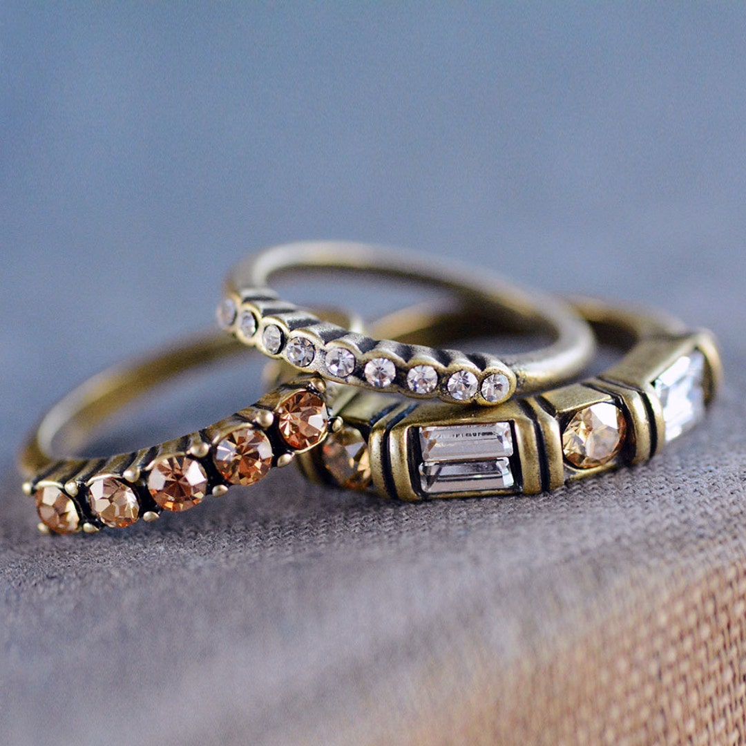 Golden Bronze Stacking Rings: Swarovski Crystal Boho Ring Set - Etsy