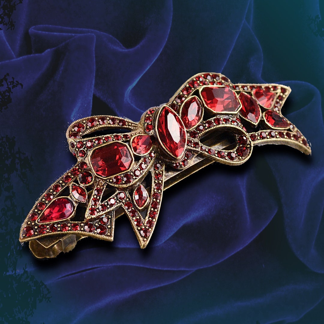 Vintage Crystal Bow Barrette, Garnet Ruby Red Hair Barrette, Sculptural ...