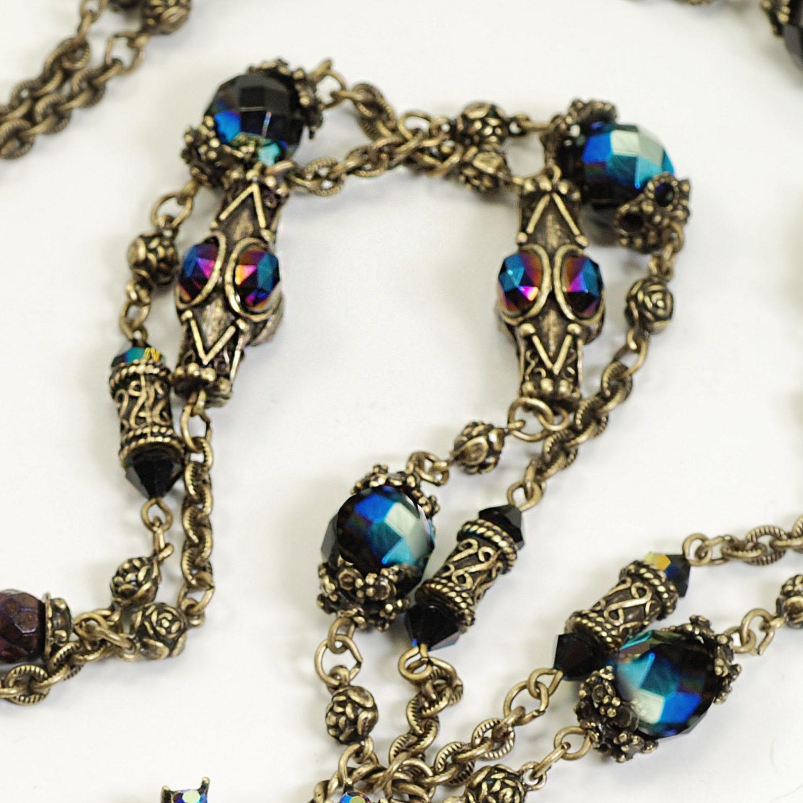 Long Renaissance Necklace Iridescent Peacock Chain Blue Purple ...