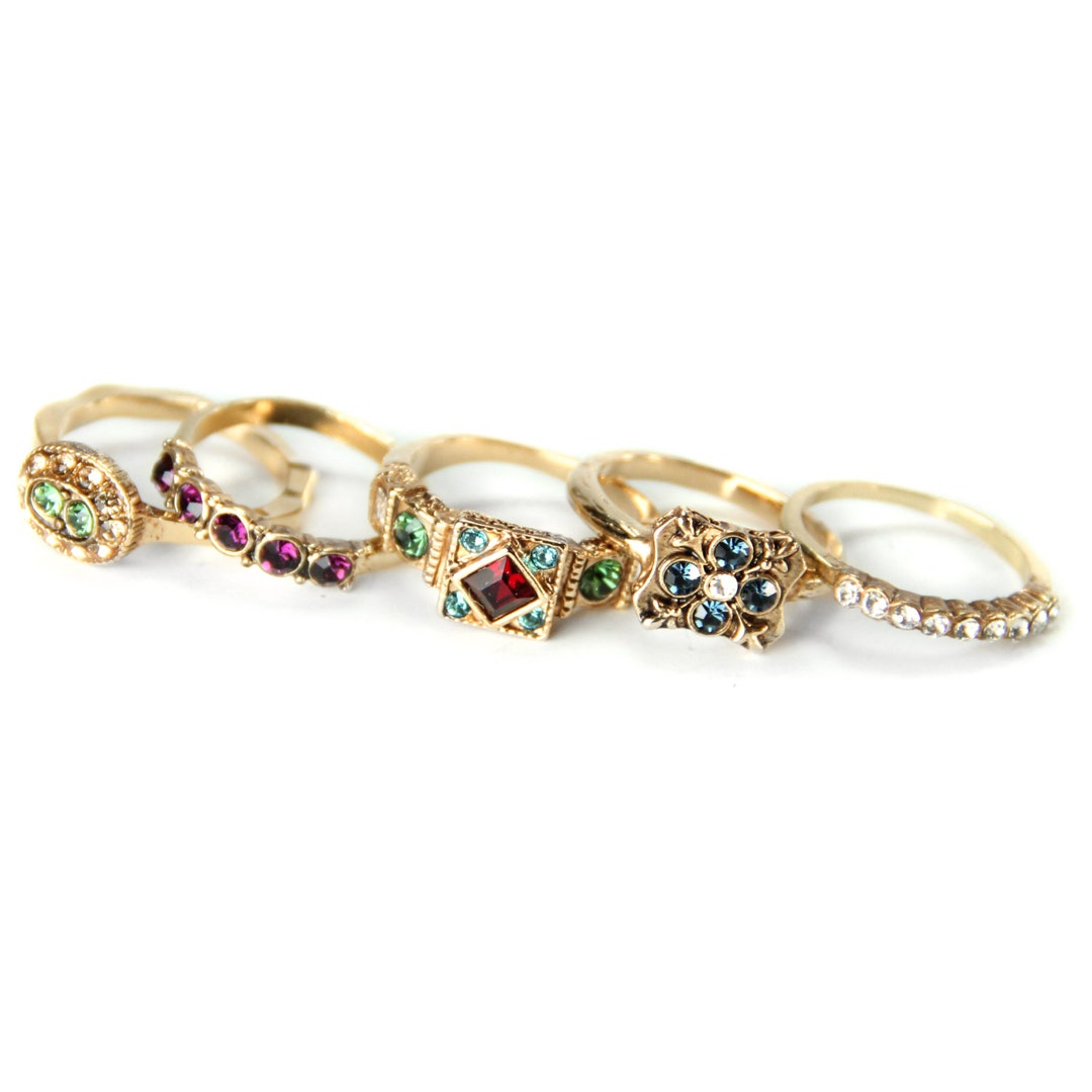 Set of 5 Stack Rings, Sweet Romance, Gypsy Rings, Swarovski Crystal ...