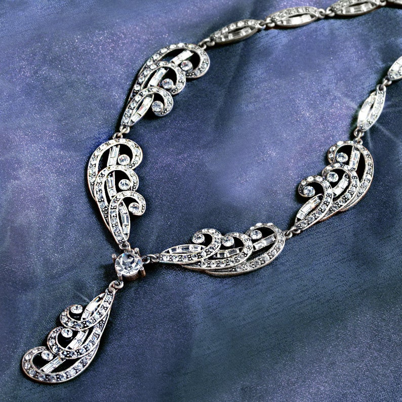 Art Deco Plume Necklace: Sterling Silver, Crystal Bridal Statement - Etsy