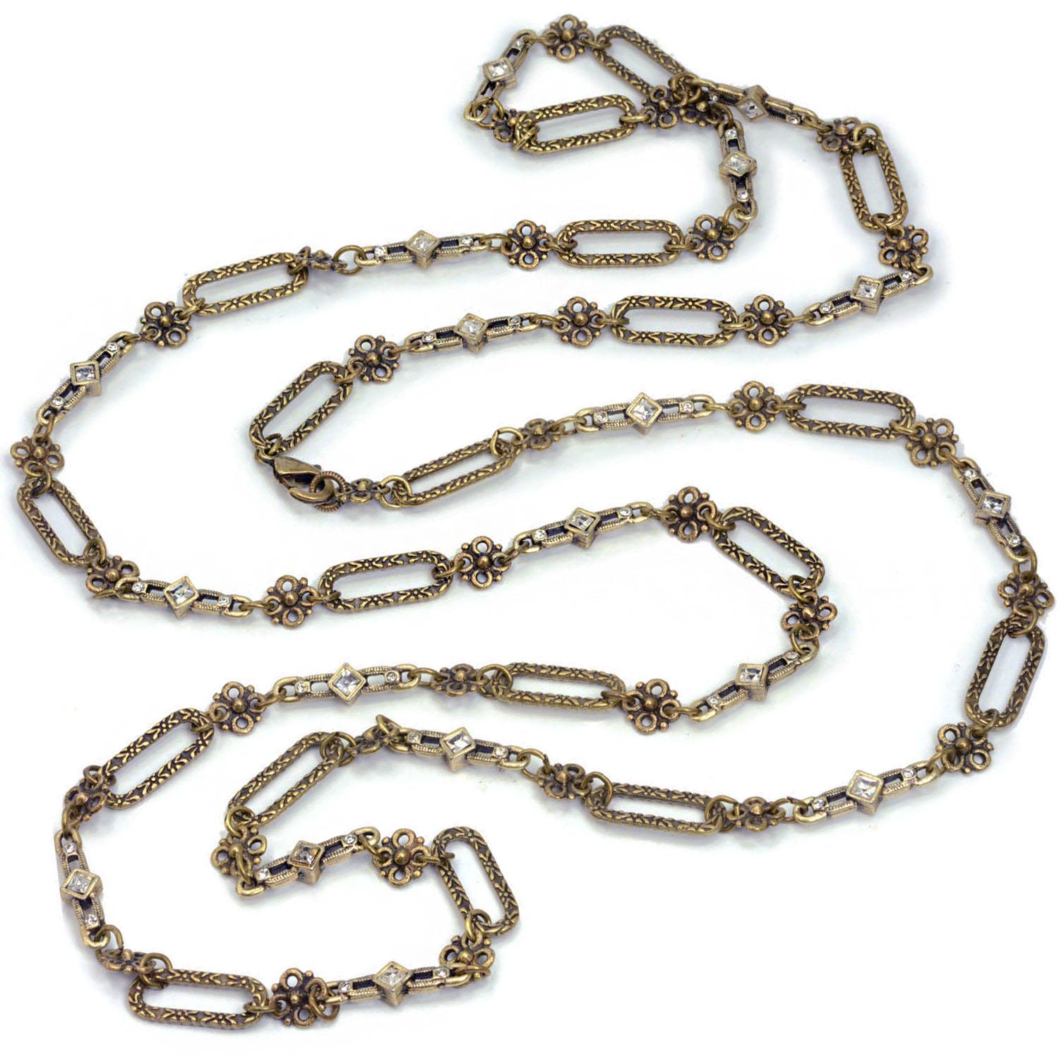 Long Silver Chantilly Chain Necklace: Victorian Crystal Layering Chain ...
