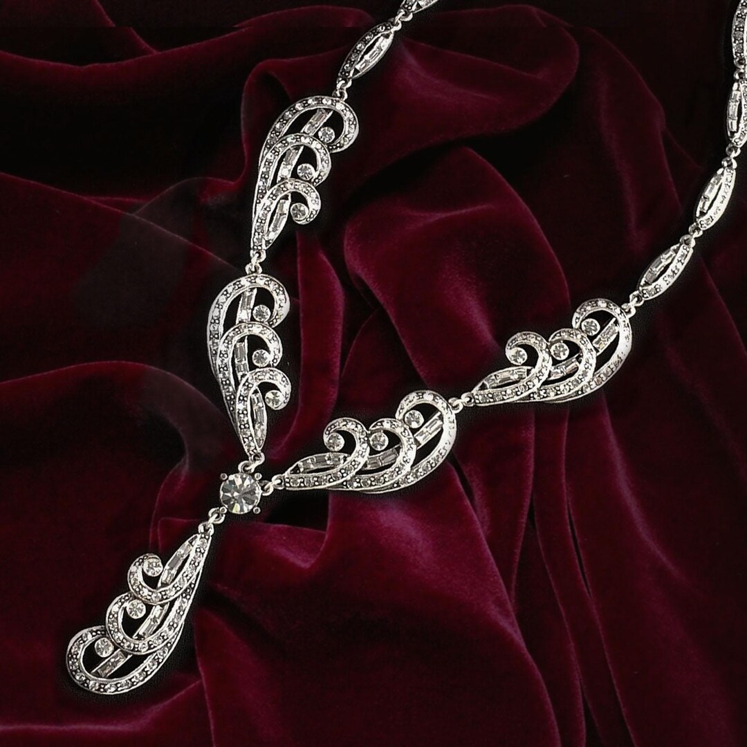 Art Deco Plume Necklace: Sterling Silver, Crystal Bridal Statement - Etsy