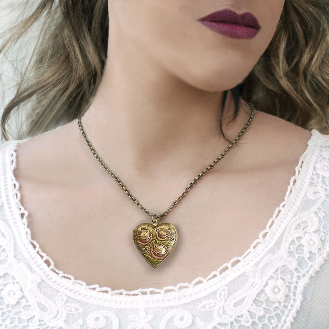 Victorian Heart Locket Necklace: Vintage Rose Bronze Memorial Jewelry ...