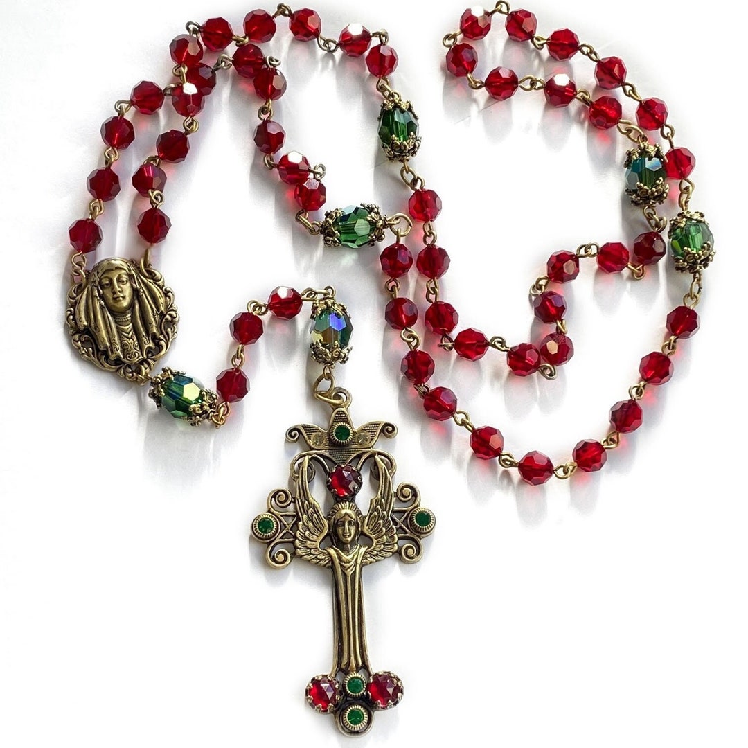 Christmas Rosary: Red & Green Crystal Beads, Angel Cross, Catholic Gift ...