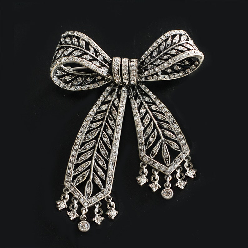 Art Deco Crystal Bow Brooch: Silver Ribbon Pin, Sweet Romance, P219 - Etsy
