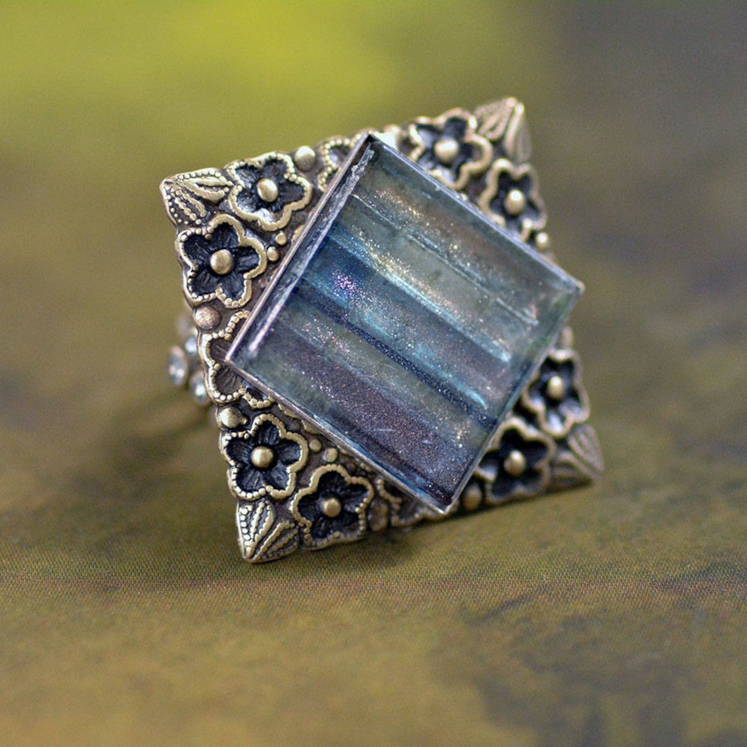 Victorian Art Glass Tile Ring: Burnished Bronze Adjustable Band - Etsy
