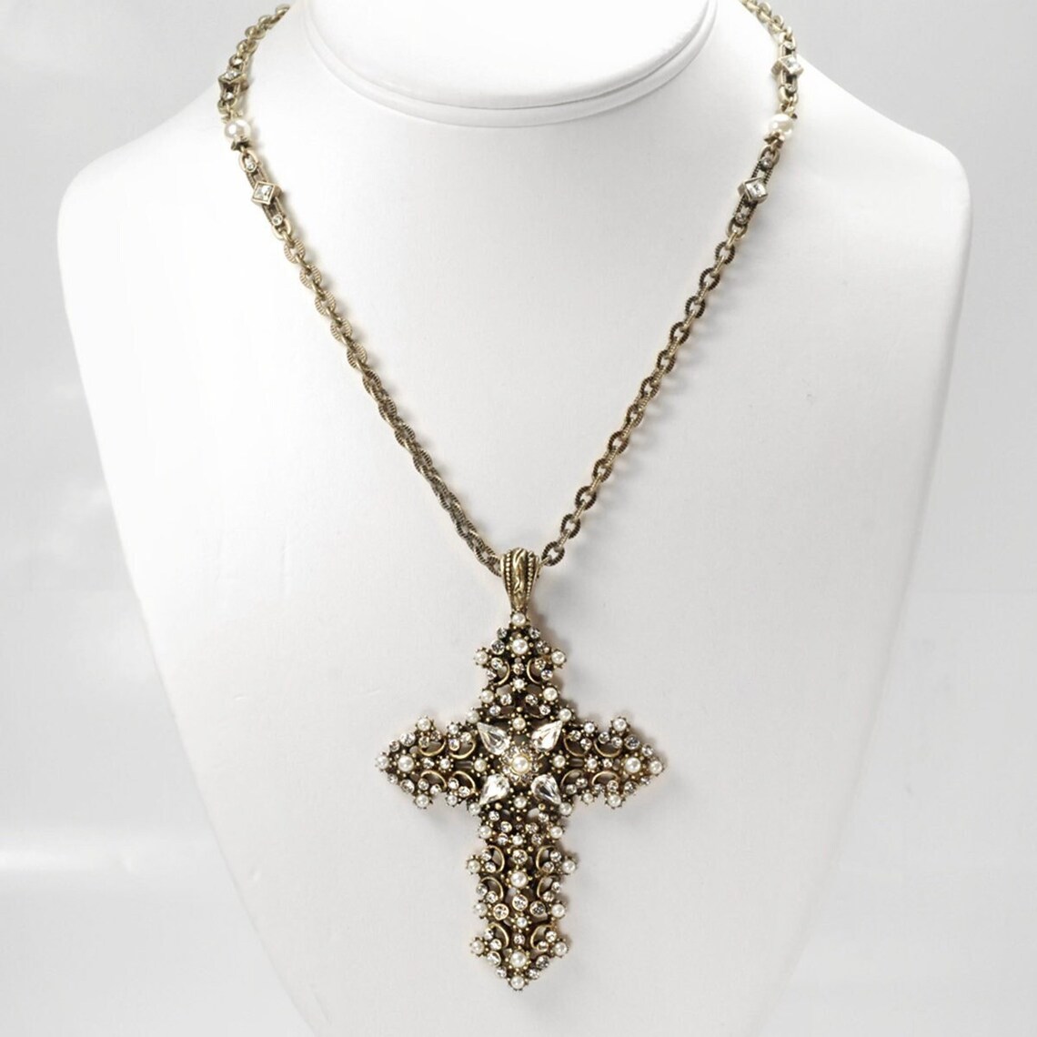 Vintage Pearl Crystal Cross Necklace: Burnished Bronze Religious ...