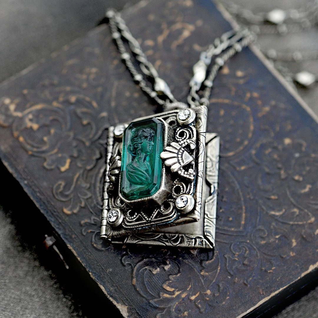 Amethyst Intaglio Book Locket: Vintage Style Silver Necklace - Etsy