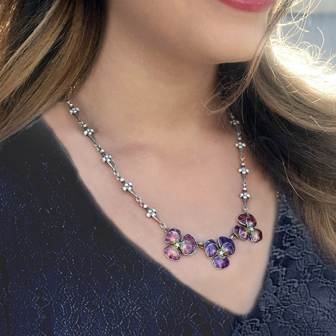 Enamel Pansy Necklace, Purple Pansy Flower Jewelry, Spring Summer ...