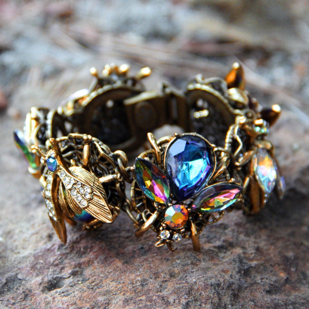Queen Bee Statement Bracelet: Crystal & Vintage Glass Insect Jewelry - Etsy