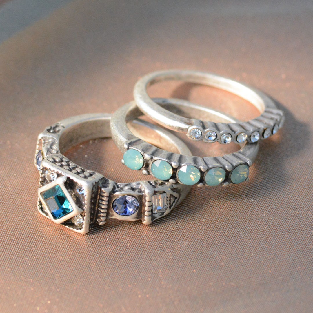 Crystal Stacking Rings Set: Blue Boho Stackable Rings - Etsy