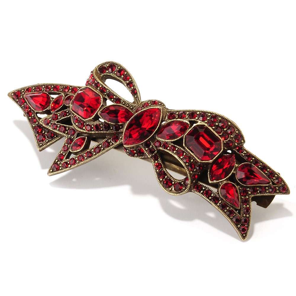 Vintage Crystal Bow Barrette Garnet Ruby Red Hair Barrette - Etsy