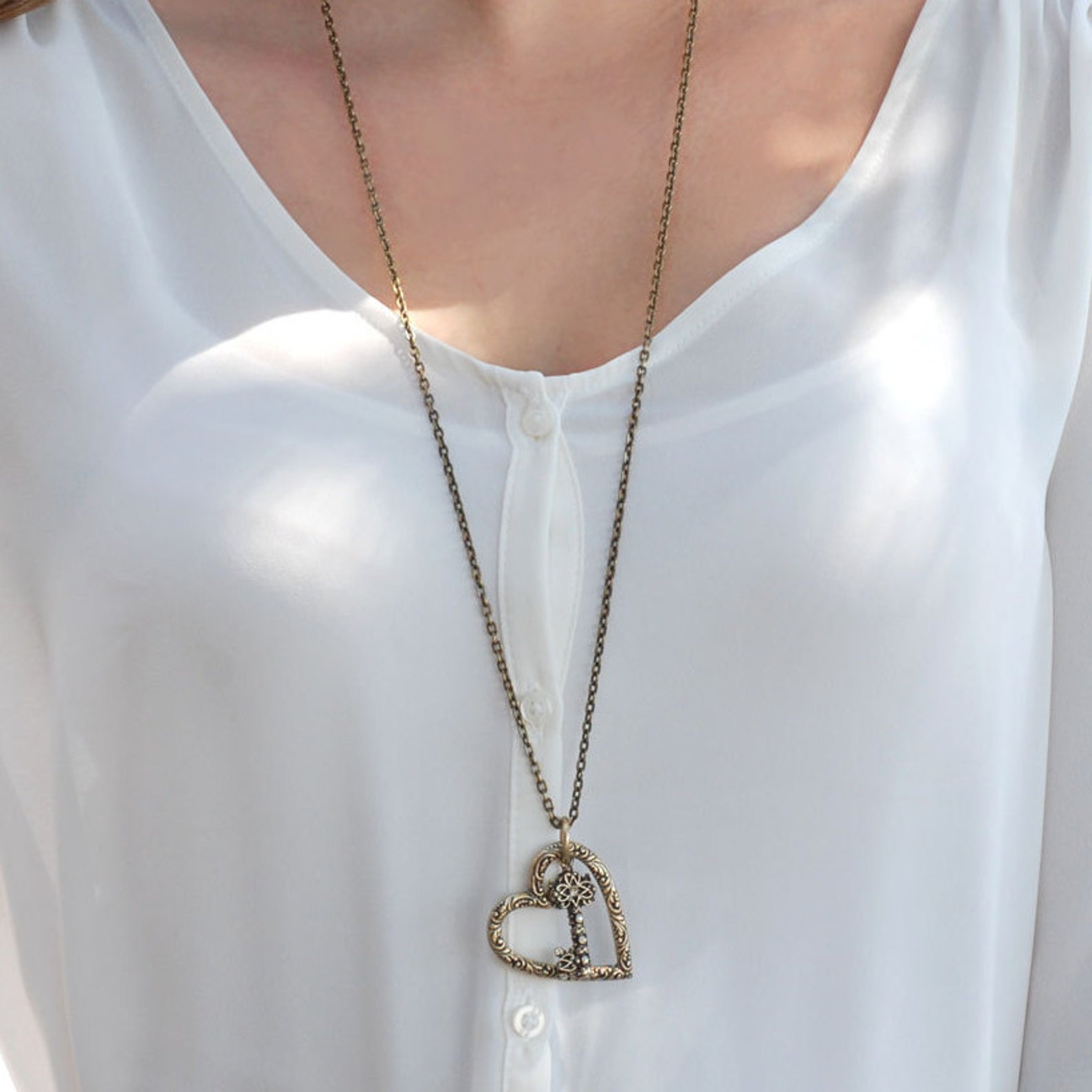 Heart and Key Long Necklace Heart Jewelry Valentines Gift - Etsy