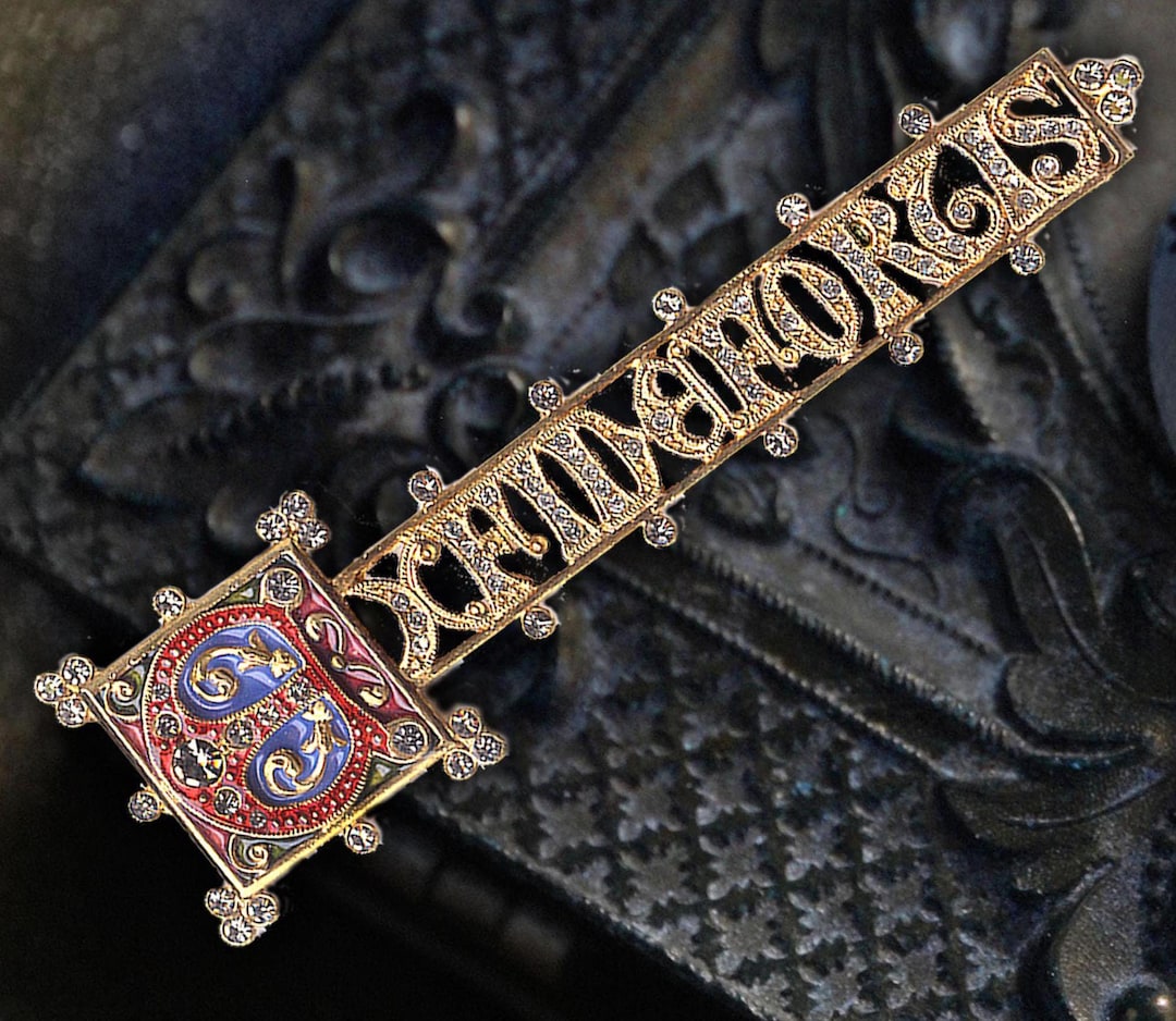 Illuminated Manuscript Brooch: 14K Gold Renaissance Pin With Swarovski ...