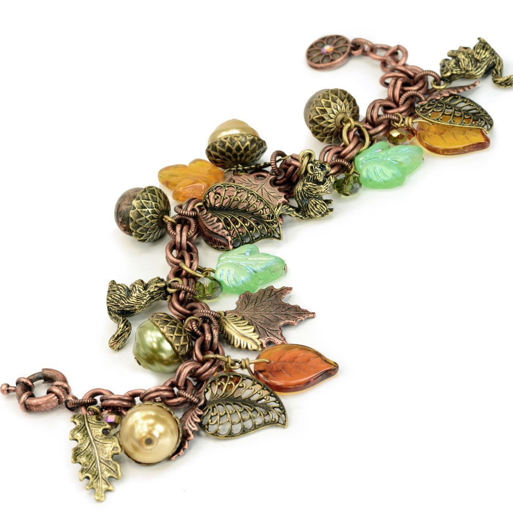 Squirrel Charm Bracelet: Autumn Leaves, Pearl Acorns, Copper Bronze ...
