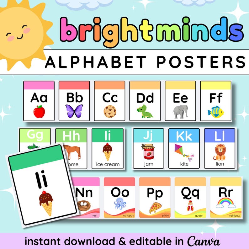 Editable Classroom Alphabet Posters | Bright Minds | Canva Printable ...