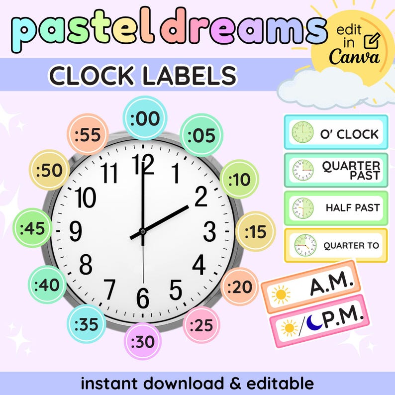 Pastel Classroom Clock Labels: Editable Time Telling Visuals (PDF) - Etsy